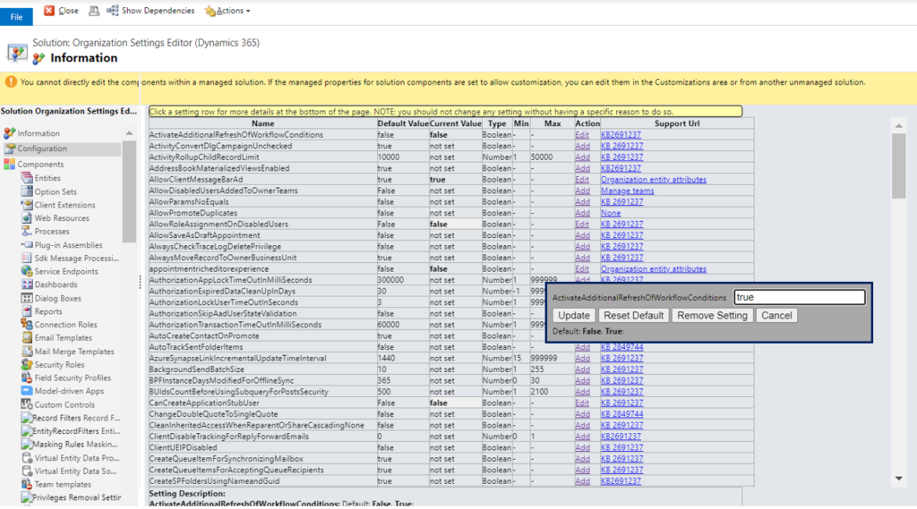 Update database settings in the Power Platform environment. - CRM Crate