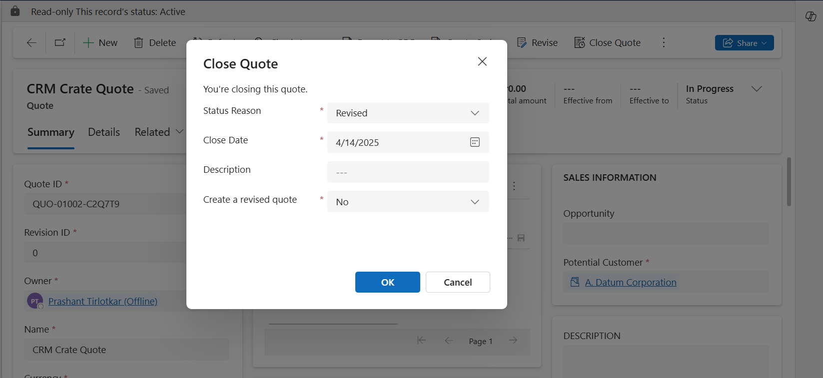 Change revised quote default using 'CommandDefinition' customization